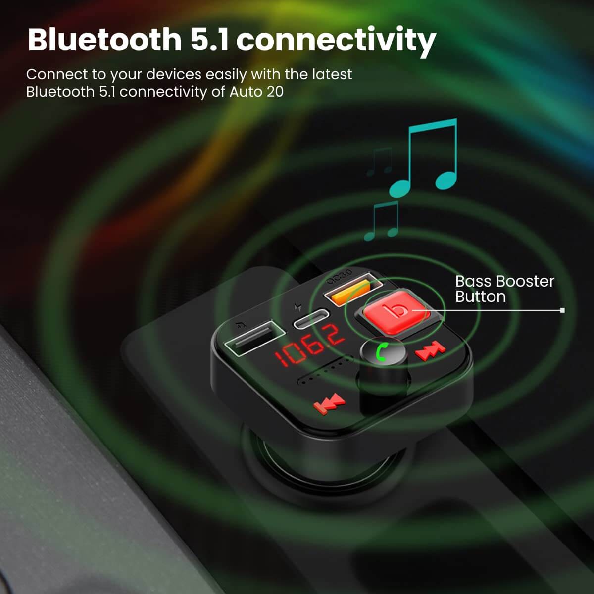 Portronics Auto 20 Portable Smart Car Audio Connector with Powerful Ba